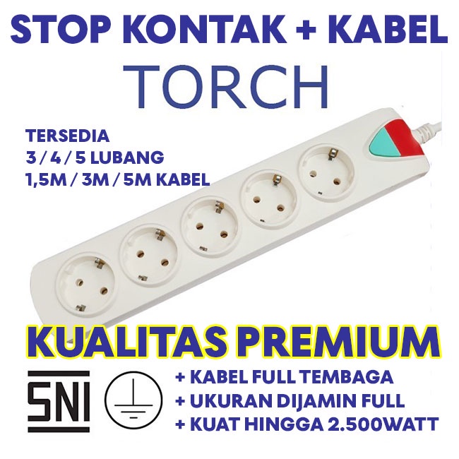 Jual COD Torch Stop Kontak Colokan 3 4 5 Lubang Panjang Kabel 1,5M 3M 5M Kuningan SNI Free ...