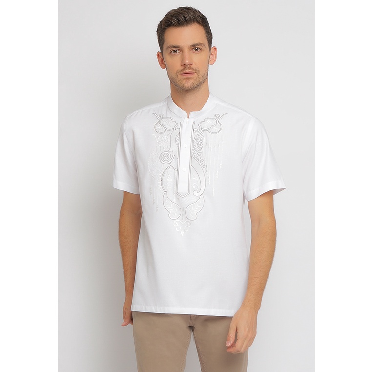 Jual Hassenda Koko Linen Border Pria Lengan Pendek Al-Qadr Ultra White ...