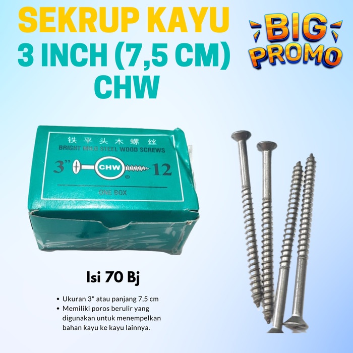 Jual Sekrup Kayu CHW 3 Inch x #12 Sekrup Wood Screw Perpack (isi 70 bj ...