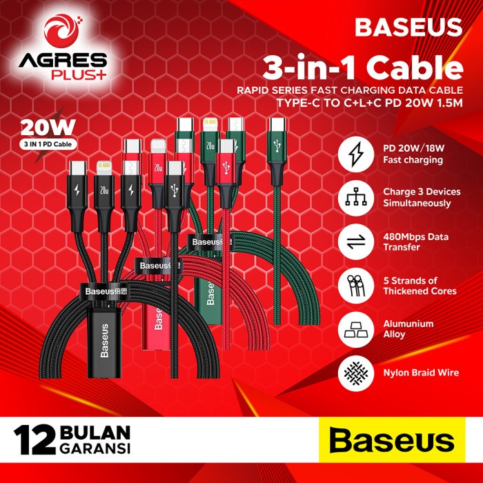 Jual BASEUS USB Type-C To Multi 3in1 C+L+C Kabel 20W Type-C Ip Iphone ...