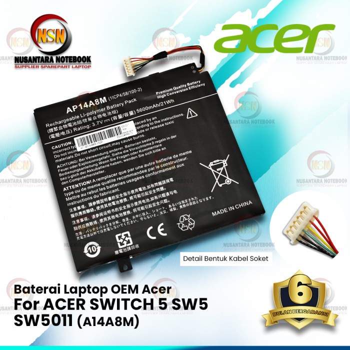 Jual Baterai OEM Laptop Acer SWITCH 5 SW5 SW5011 AP14A8M 3.7V 5600mAh ...