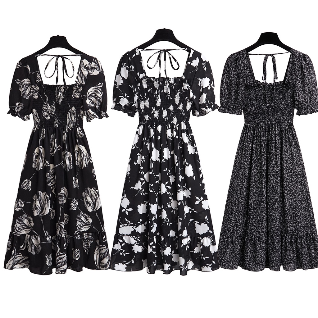 Jual Fashion Gaya Korea Gaun Lengan Pendek Hitam Bunga Wanita Bali Dada ...
