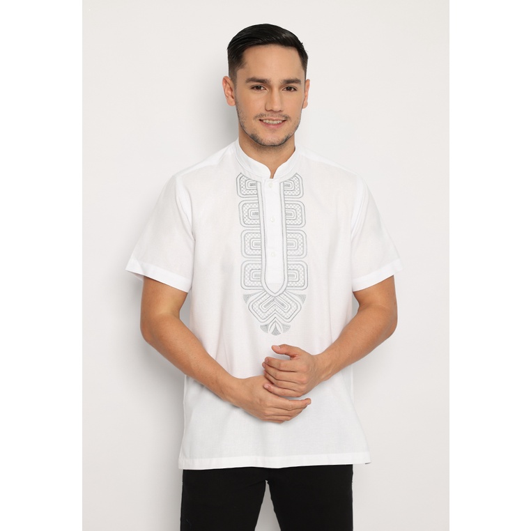 Jual Hassenda Koko Linen Border Pria Lengan Pendek Al-Fath Pure White ...