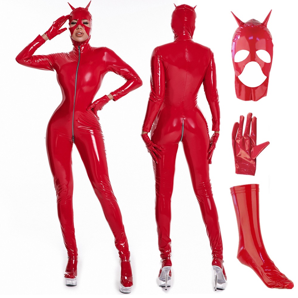 Jual Preorder Wetlook Faux Leather Jumpsuit Suit For Women Sexy Cat