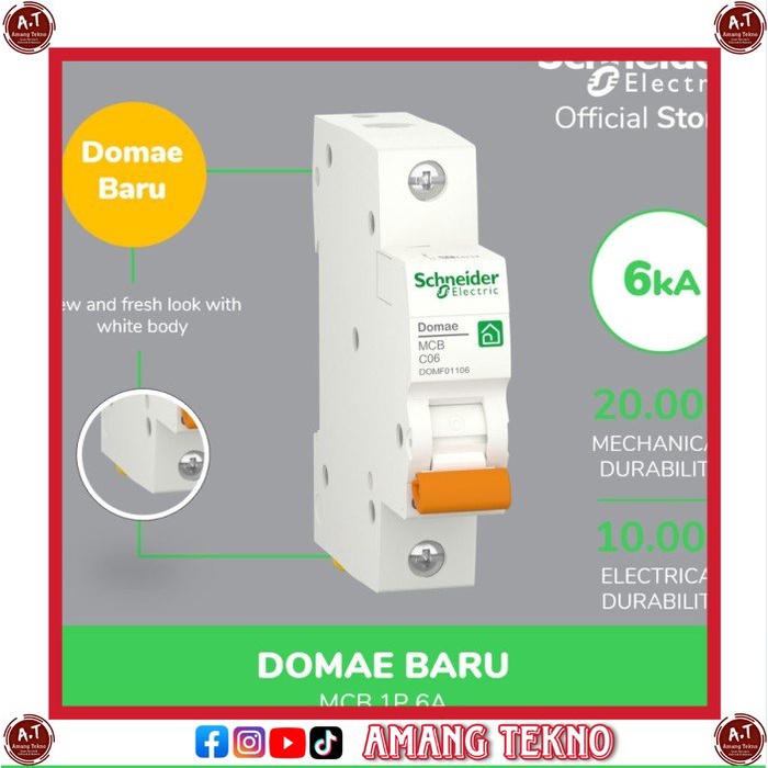 Jual DOMAE MCB 6A 10A 16A 20A AMPERE 1P 1 POLE PHASE SCHNEIDER 6000A - 20A TERMURAH | Shopee ...