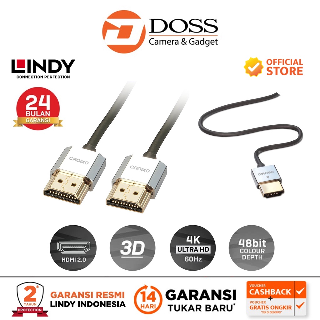 Jual Lindy 41669 CROMO Slim High Speed HDMI Cable with Ethernet 0.3m | Shopee Indonesia