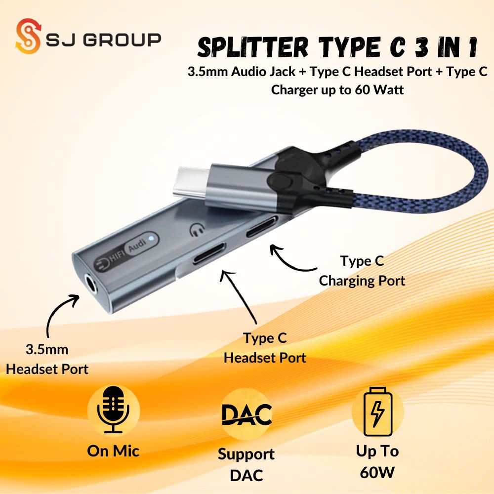 Jual Splitter Type C 3 in 1 Tipe C to 3.5mm + C + C 60W Headset Charger ...