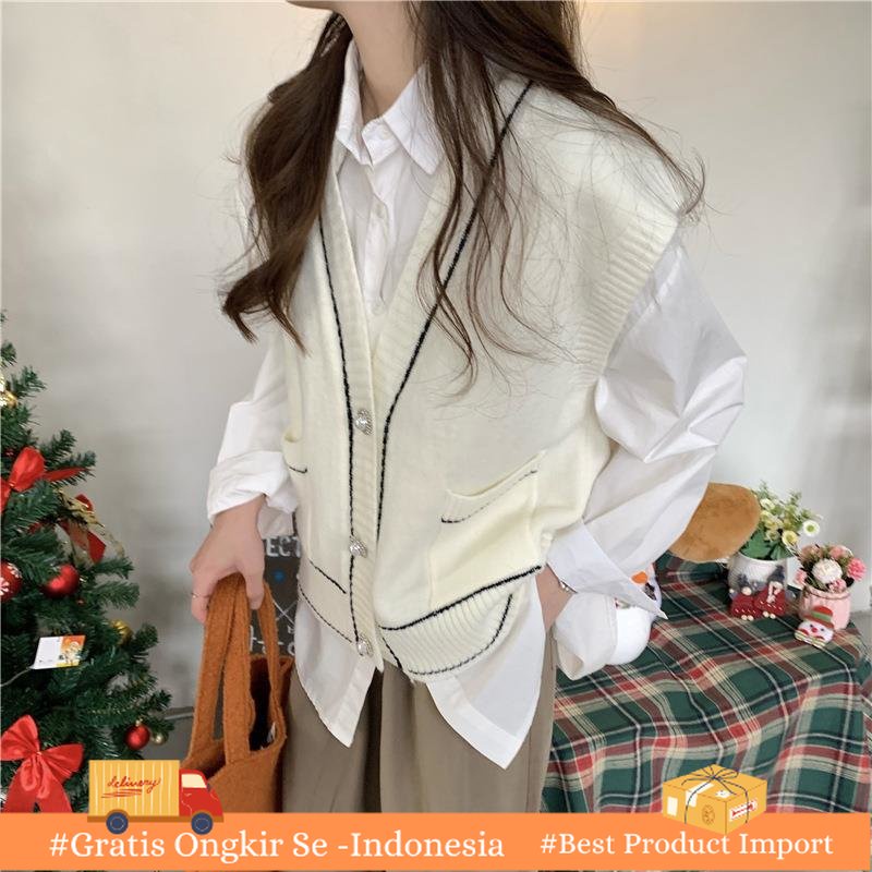 Jual Vest Korea Live Rajutan Rompi Double Saku Desain Pendek Bergaris ...