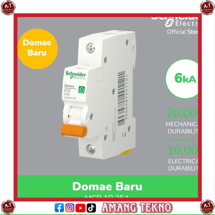 Jual DOMAE MCB 25A / 32A 25 / 32 AMPERE 1P 1 POLE PHASE SCHNEIDER 6000A | Shopee Indonesia