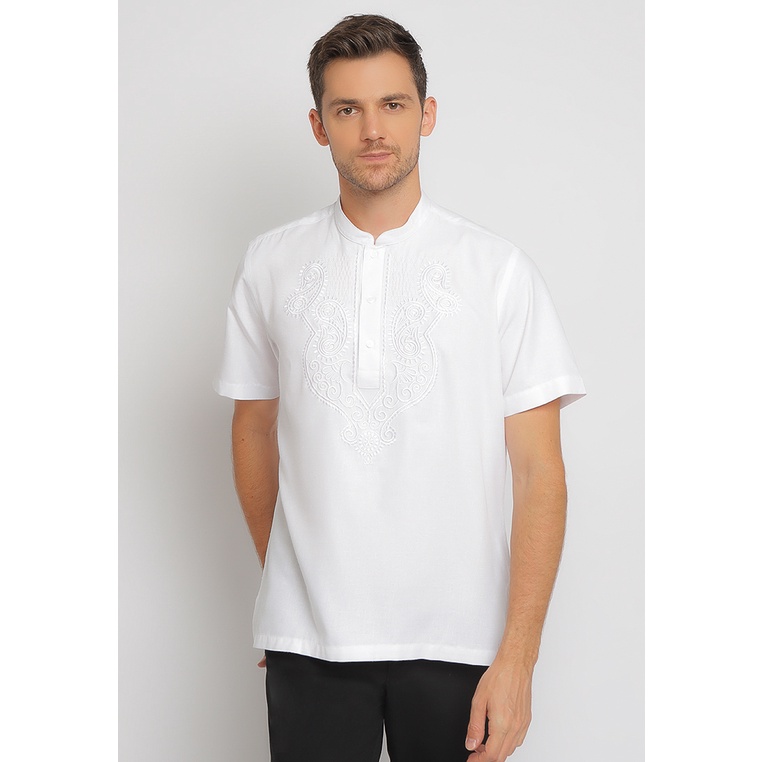 Jual Hassenda Koko Linen Border Pria Lengan Pendek Al-Karim Pure White ...