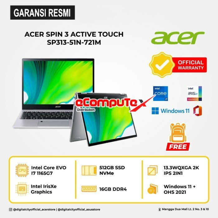 Jual LAPTOP ACER SPIN 3 ACTIVE SP313-51N-721M / CORE i7-1165G7 / INTEL IRIS XE GRAPHICS 96EU ...
