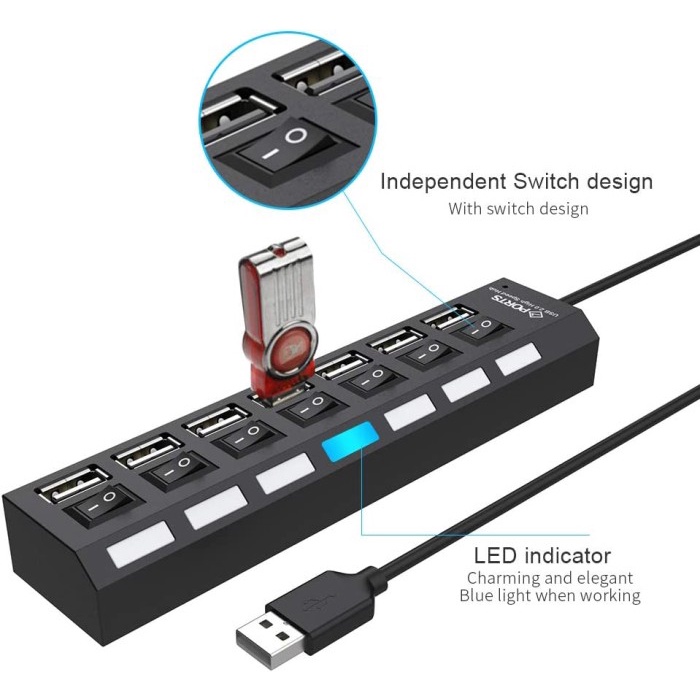 Jual USB Hub 7 Port Output Switch On LED 2.0 PC Laptop USB Slot ...