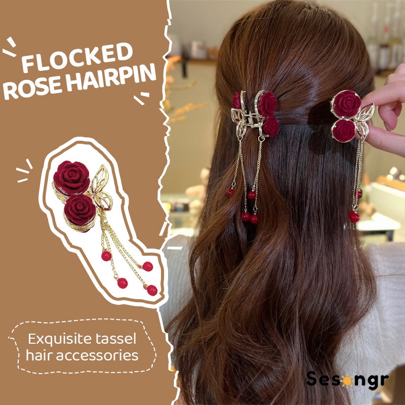 Jual Gaya Cina Red Flocked Rose Hair Clip Indah Cherry Rumbai Aksesori ...