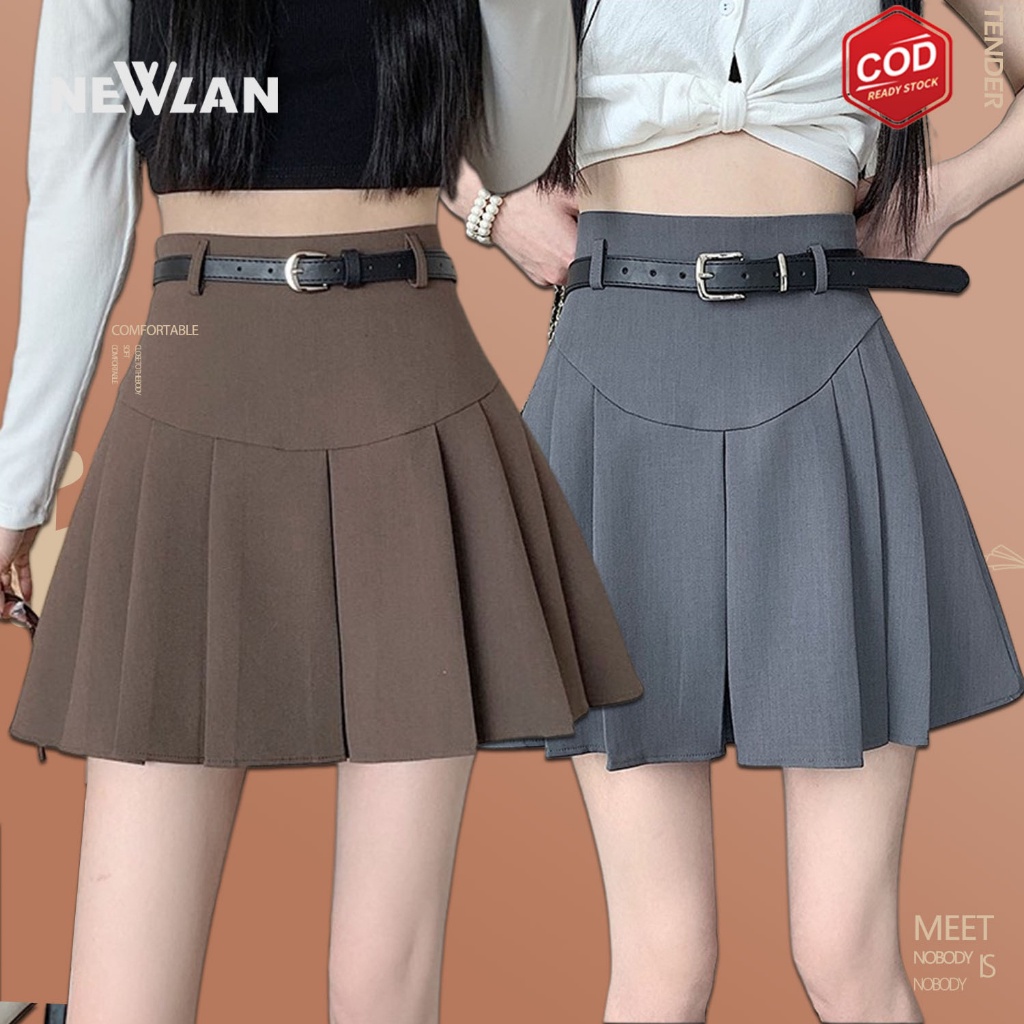Jual Newlan DQ013 Skirt A Line - High Waist Mini Skirt Pleated Plain ...
