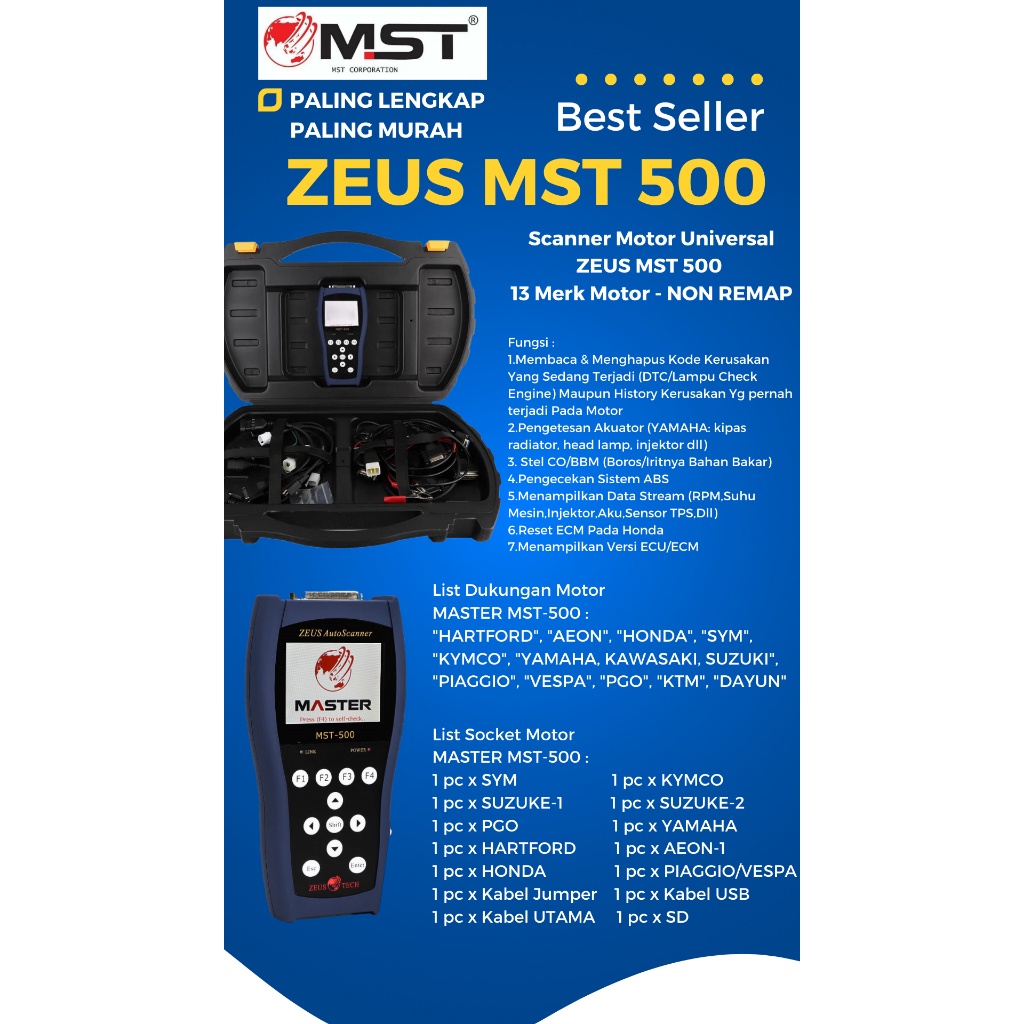Jual Scanner motor injeksi zeus mst-500 fitur lengkap, socket lengkap ...