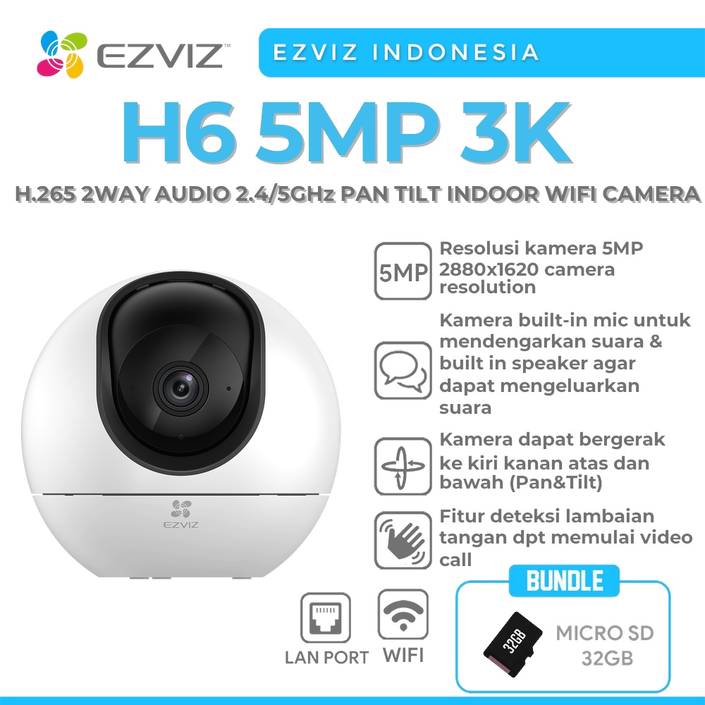 Jual EZVIZ H6 5MP 3K H.265 2WAY AUDIO 2.4/5GHZ PAN TILT INDOOR WIFI CAMERA FREE MICRO SD 32GB ...