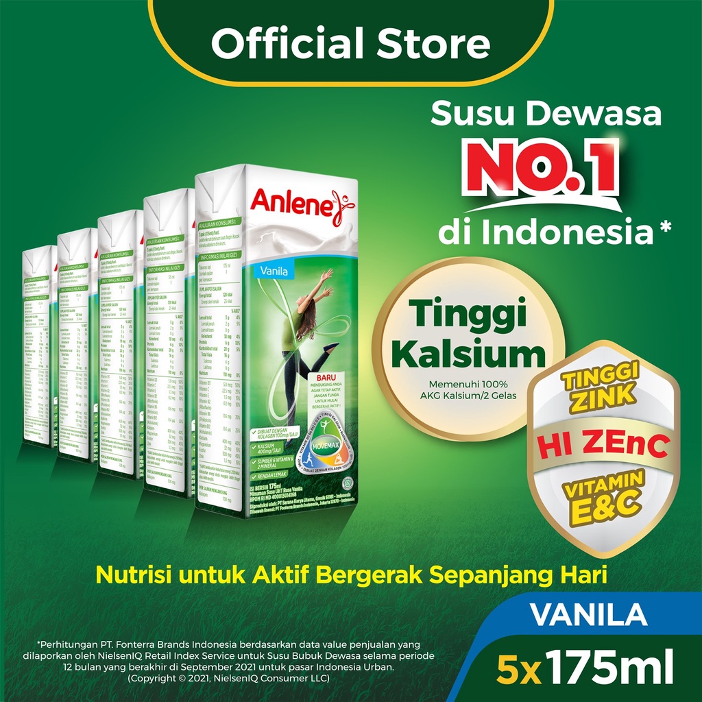 Jual Anlene Susu Dewasa UHT Vanila 5 x 175ml - Nutrisi Tinggi Kalsium Untuk Tulang, Sendi, dan ...