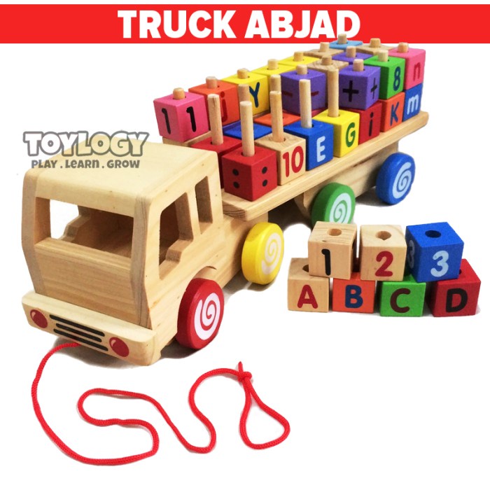 Jual Mainan Edukasi Anak Mobil Truk Kayu Balok Abjad Huruf Angka ...