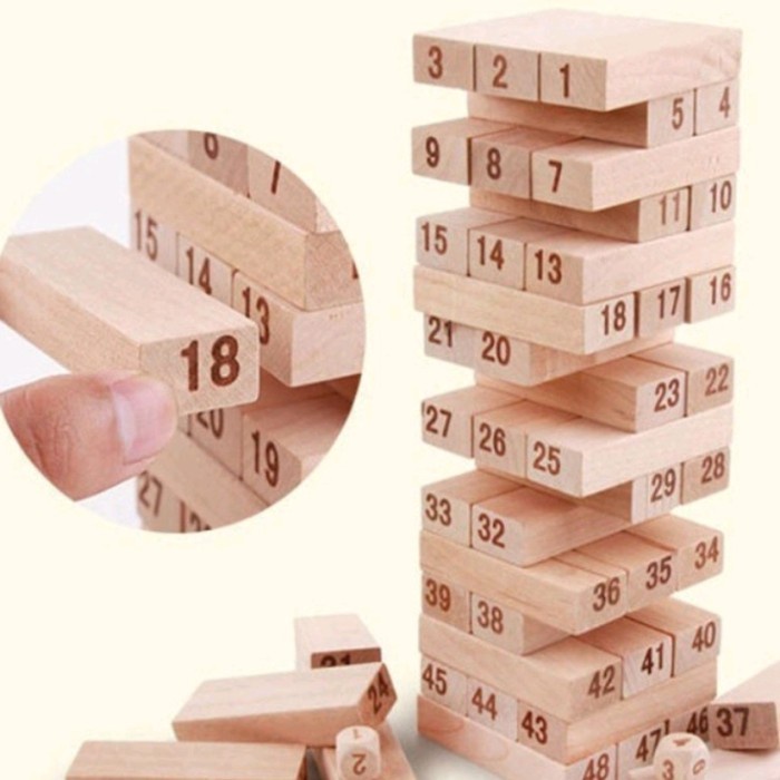 Jual permainan susun balok kayu 54 balok jenga free 4 dadu/ uno stacko ...