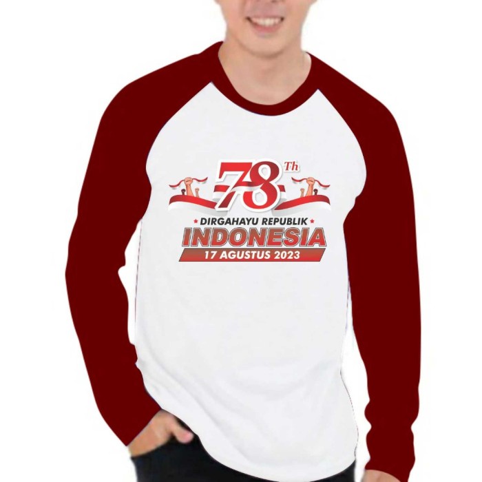 Jual EDD Kaos HUT RI 77 Indonesia Kemerdekaan Agustusan Raglan Lengan Panjang - Putih Maron, M ...