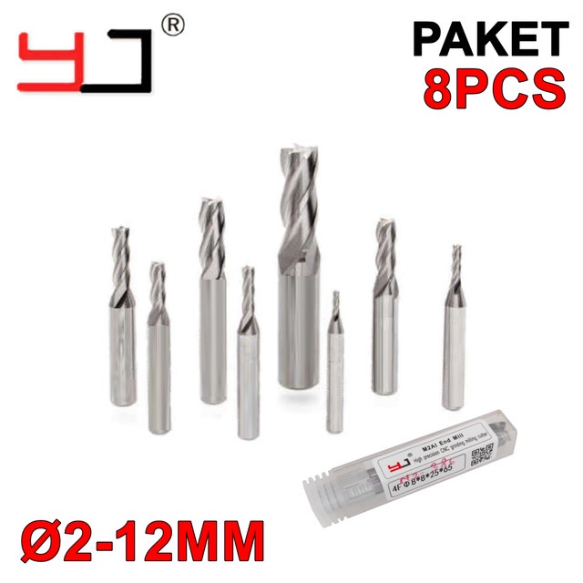 Jual Paket 8 Endmill HSS 2 3 4 5 6 8 10 12 YJ 4F End Mill Set Pahat ...