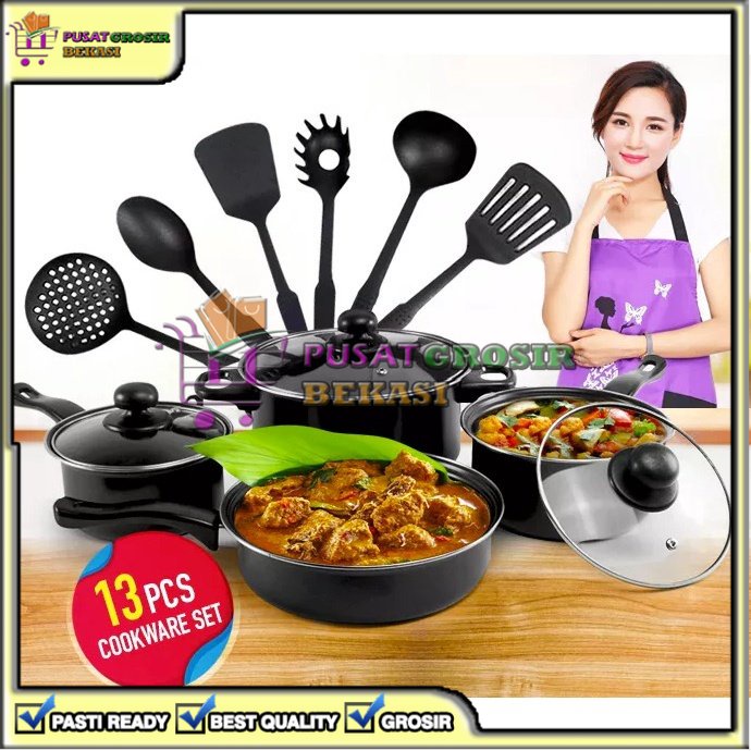 Jual [PGB] PANCI WAJAN COOKWARE SET 13PCS HITAM PERALATAN DAPUR SET SUTIL SPATULA | Shopee Indonesia