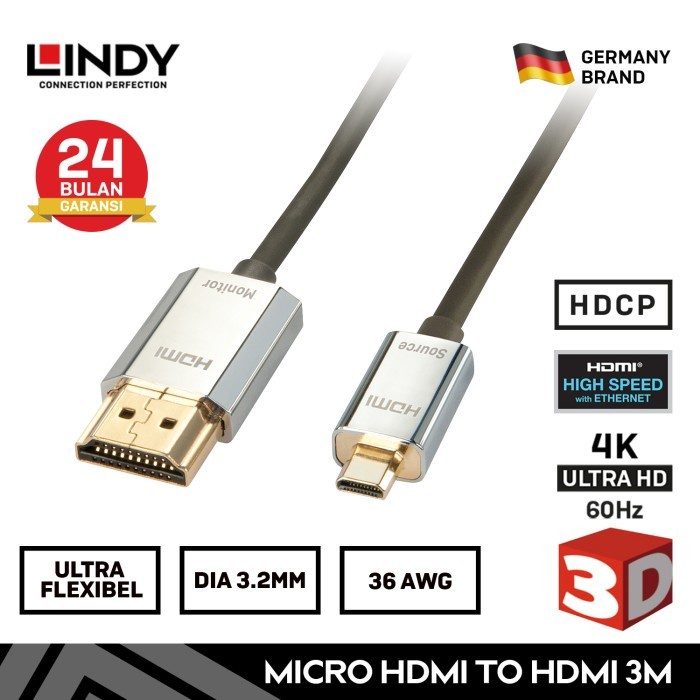 Jual LINDY 3M Kabel Micro HDMI to HDMI 2.0 Ultra Slim High Speed Cable | Shopee Indonesia