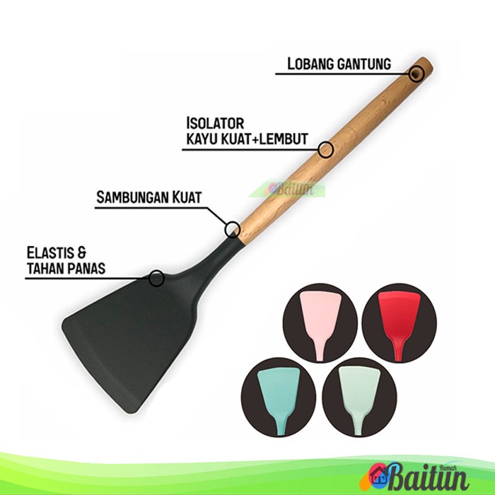 Jual Baitun Spatula Silikon Gagang Kayu Anti Panas / Sodet Penggorengan ...