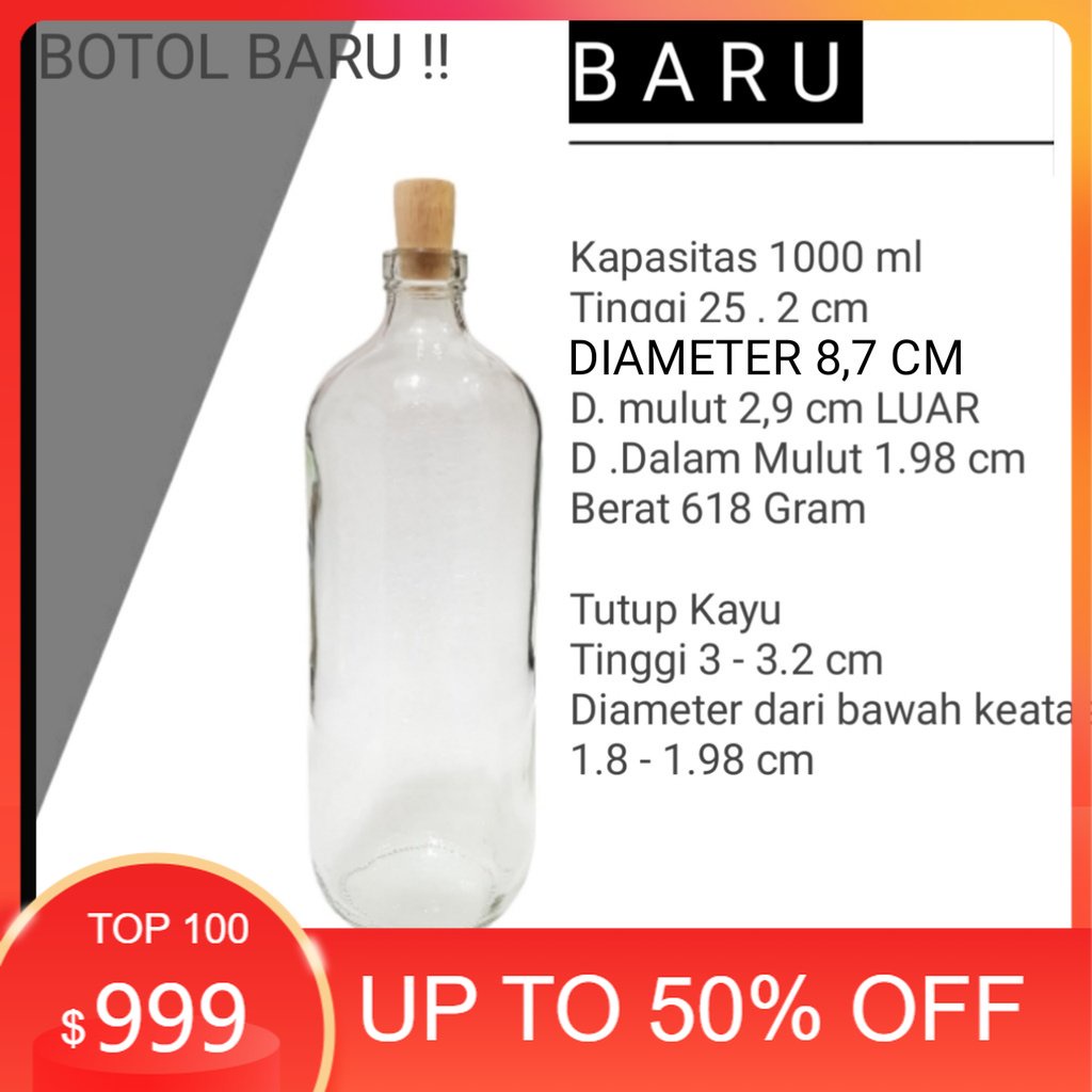 Jual Botol Kaca Baru 1 Liter + Tutup plug / Botol Bensin 1 liter ...