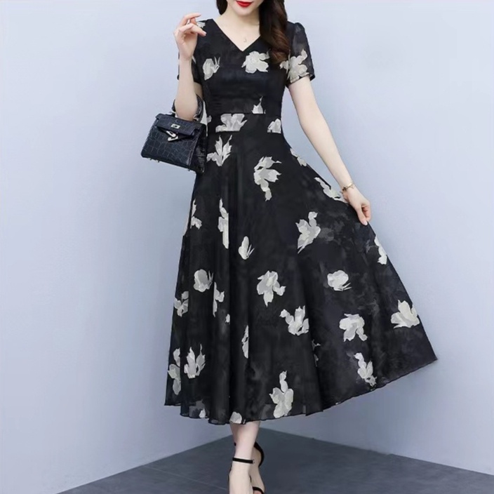 Jual Gaun besar V-neck sifon bunga berpinggang model baru | Shopee ...