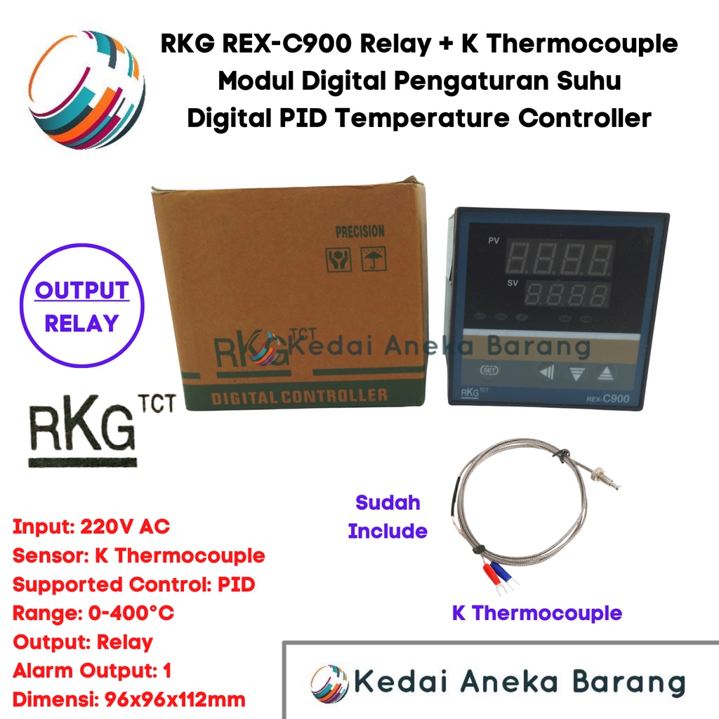 Jual PID Rex RKG C900 Rex-C900 Output Relay 220V AC 0-400C 400C 96x96mm + K Type Thermocouple ...