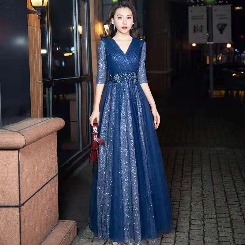 Jual Biru gaun malam wanita cahaya mewah ceruk high-end bagian panjang ...