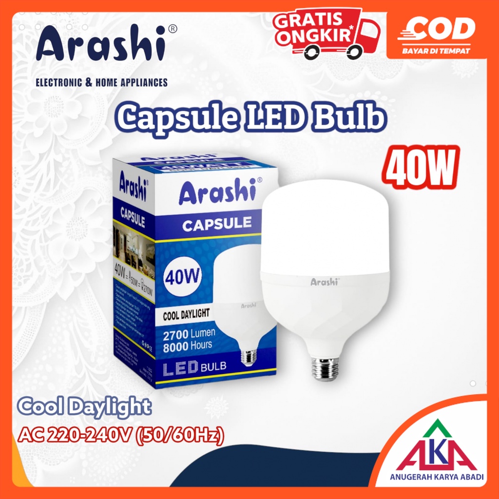 Jual ARASHI CAPSULE Bohlam Lampu LED Cahaya Putih Terang Cool Daylight E27 - 40 Watt | Shopee ...