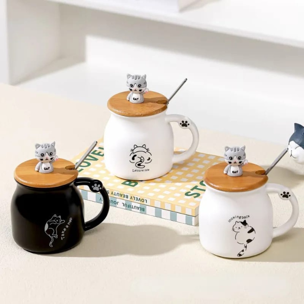 Jual Mug Motif Kucing dengan Tutup Kayu / Cangkir Cute Kucing | Shopee ...