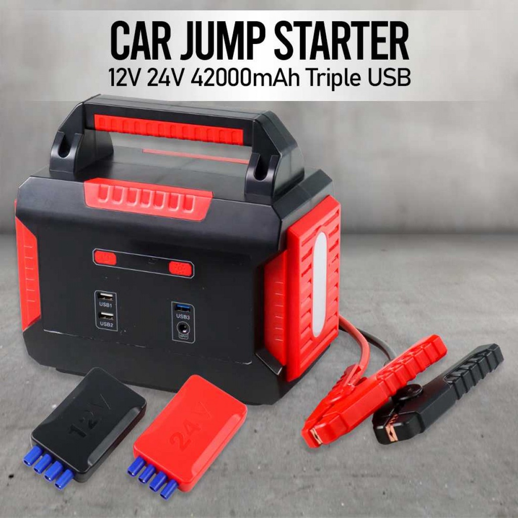 Jual Power Bank Jumper AKI Car Jump Starter 12V 24V 42000mAh Triple USB ...