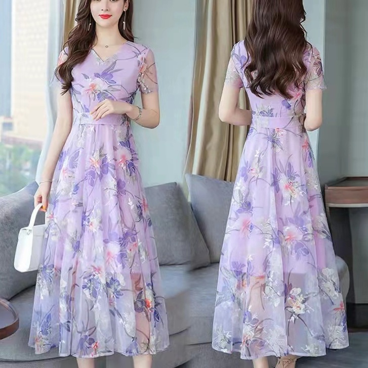 Jual FAN 2024 baru gaun sifon print wanita mid-length/dress wanita/midi ...