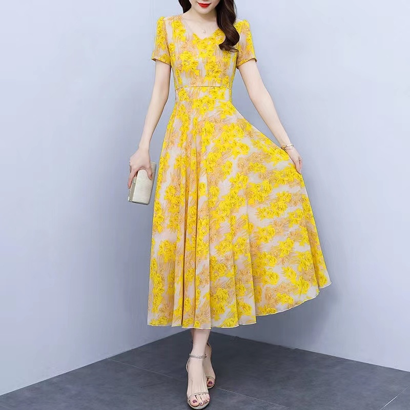 Jual FANMU 2025 Gaun sifon bunga kuning baru/rok ramping ukuran besar ...