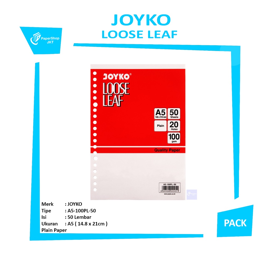 Jual JOYKO - Loose Leaf Isi Kertas File Binder A5-100PL PLAIN - 50 Lembar - Pack | Shopee Indonesia