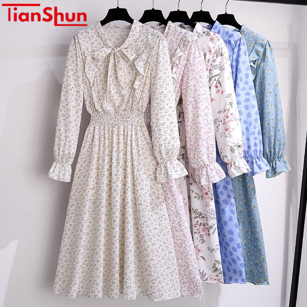 Jual Tianshun New Printing Bunga Midi Dress lengan panjang Dres Kasual ...