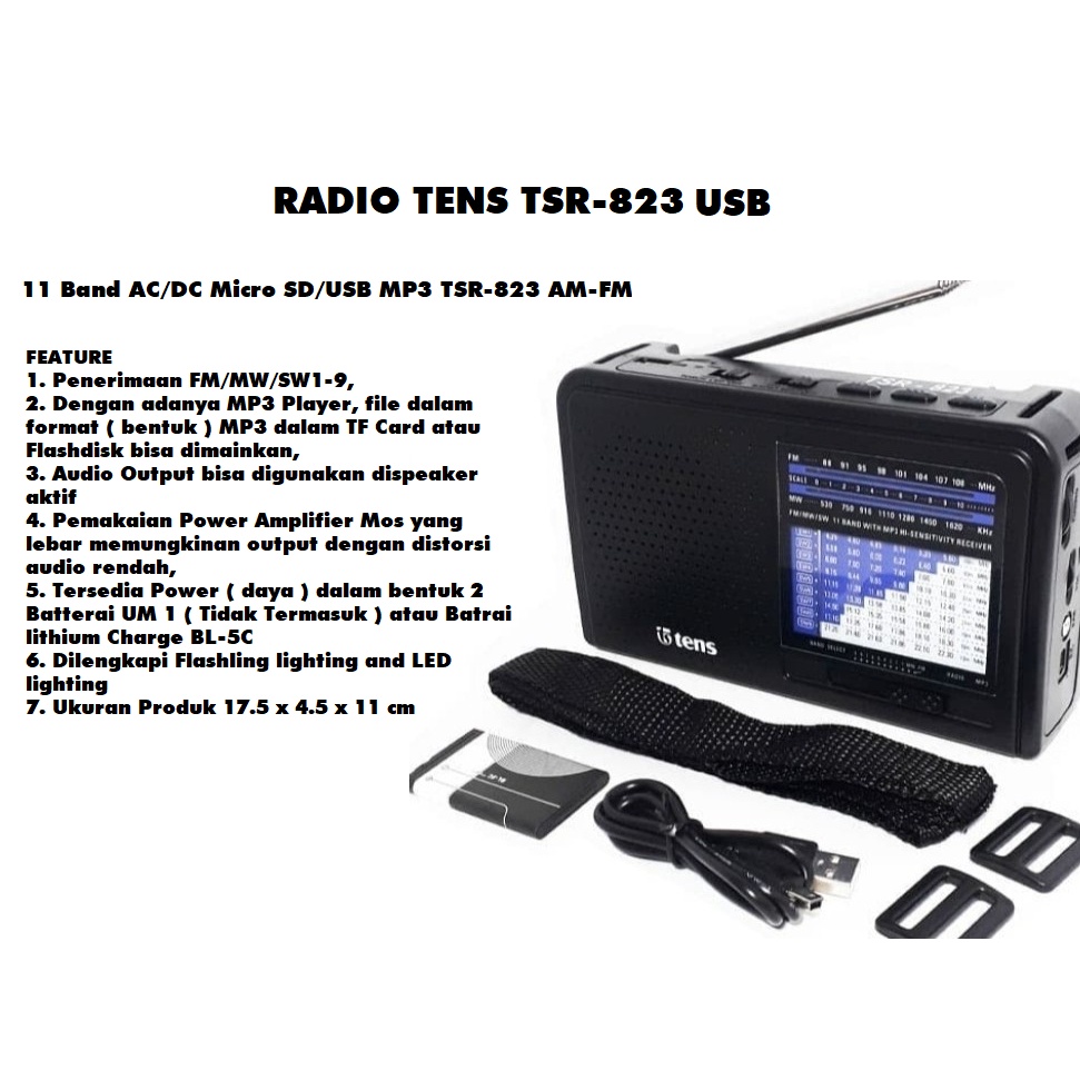 Jual Radio Tens TSR-823 USB FM MW SW 11 Band AC/DC With Mp3 Micro SD ...