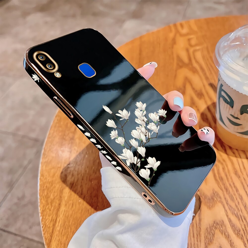 Jual Magnolia Flower Square Edge Pattern Plating Soft Phone Case For ...