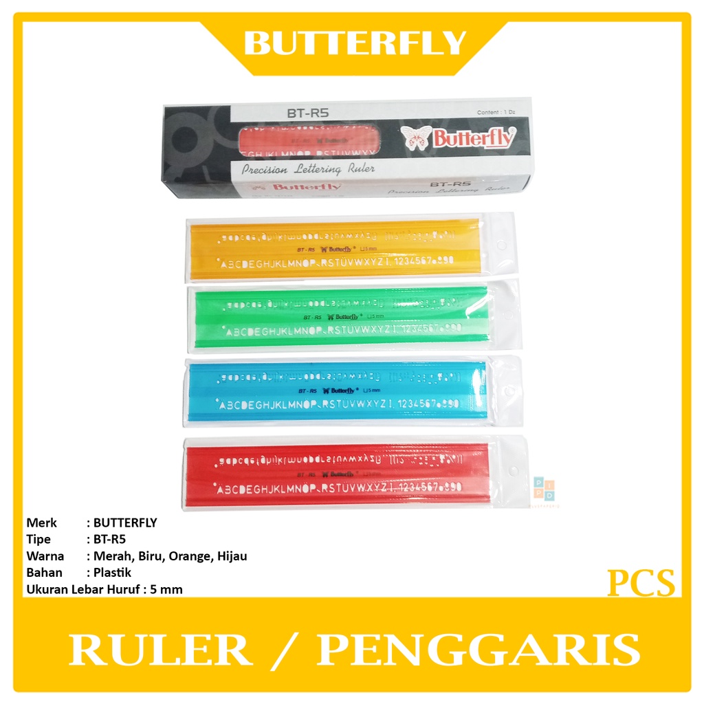Jual BUTTERFLY - Penggaris Sablon Mal Huruf 5mm BT-R5 - Pcs | Shopee ...
