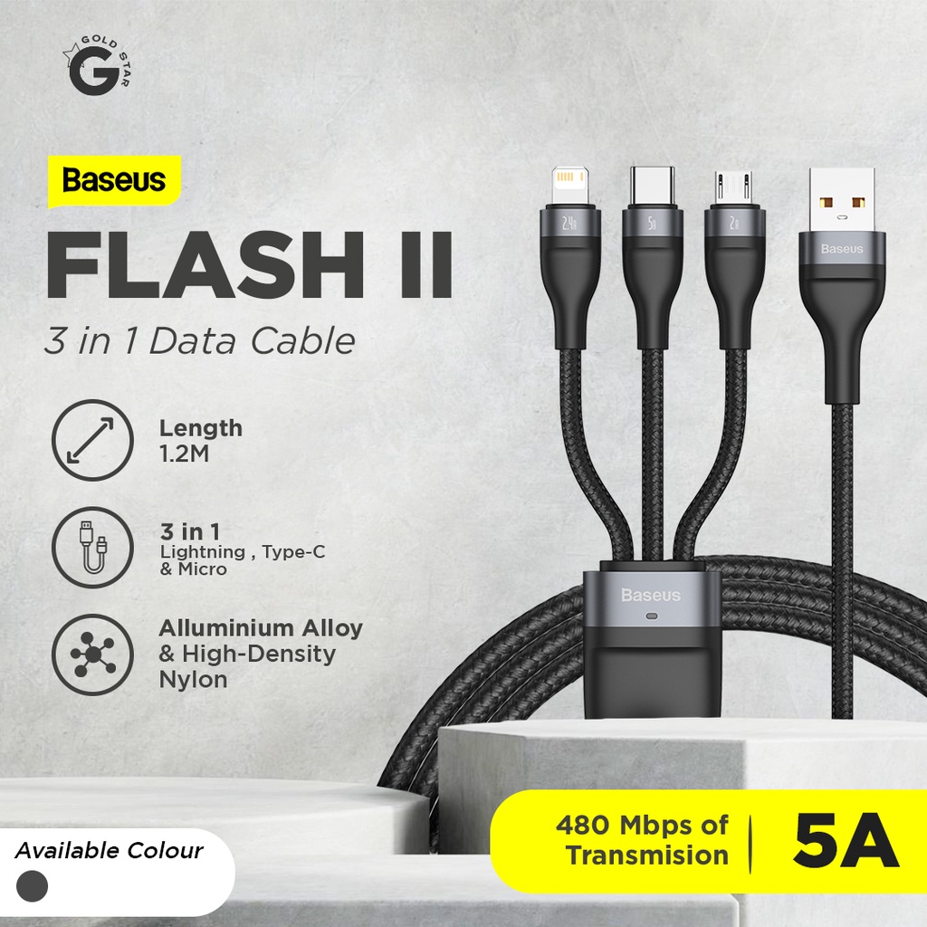 Jual Baseus Kabel data Flash II 3in1 cable USB to Micro + Lightning ...