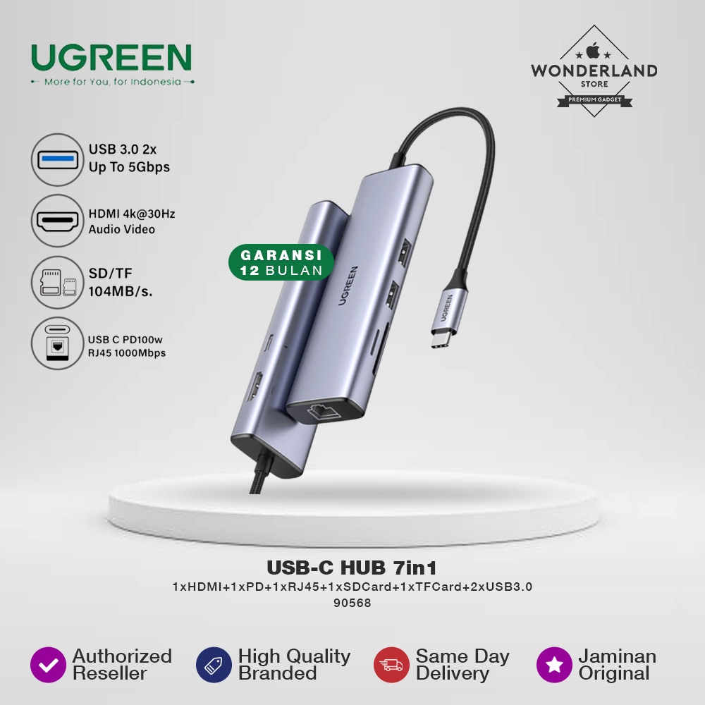 Jual Ugreen USB-C HUB 7in1 RJ45 1000mbps+HDMI 4K+SD/TF Card+USB-3.0+PD100W 90568 | Shopee Indonesia