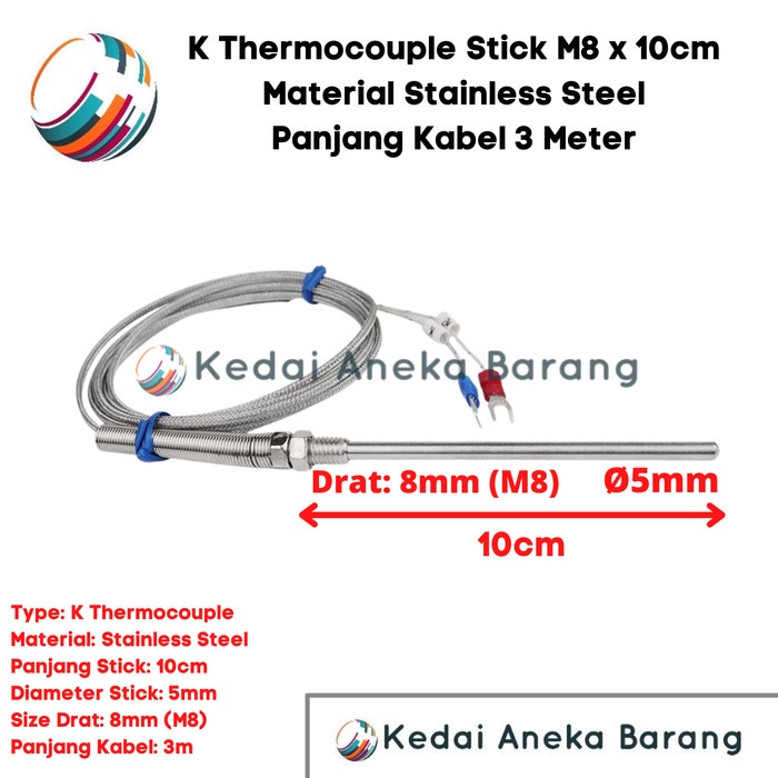 Jual K Type Thermocouple Temperature Sensor Stainless Steel 400C 3 ...
