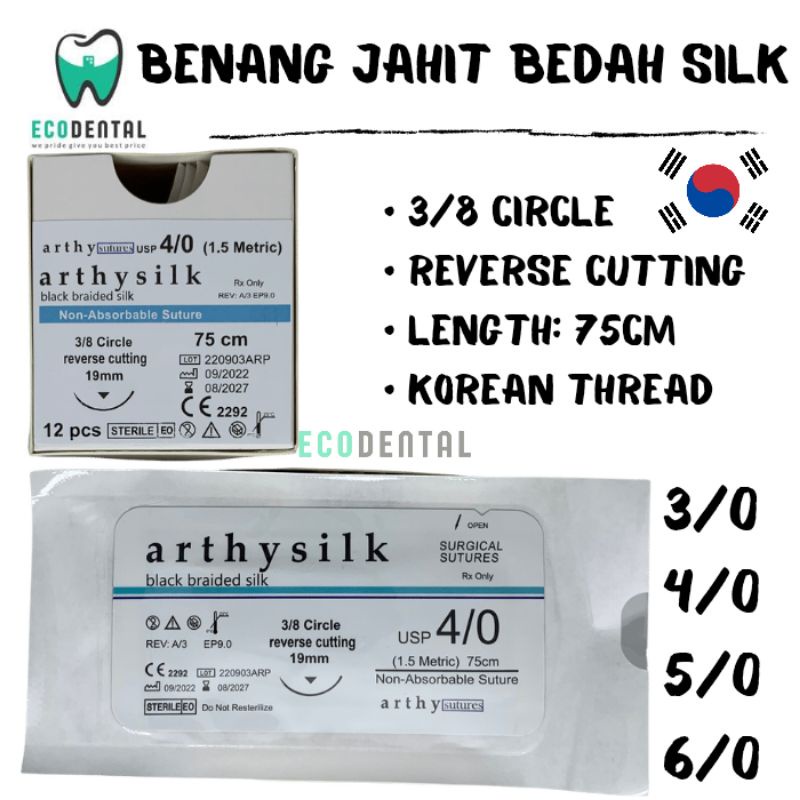 Jual Benang Jahit Bedah Silk Black Arthysilk Braided Silk 3/0 4/0 5/0 6 ...