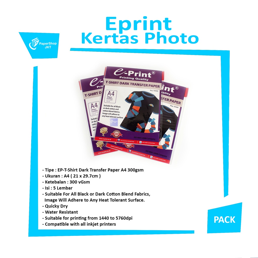 Jual EPRINT - T-Shirt Dark Transfer Paper A4 300gsm - Pack | Shopee ...