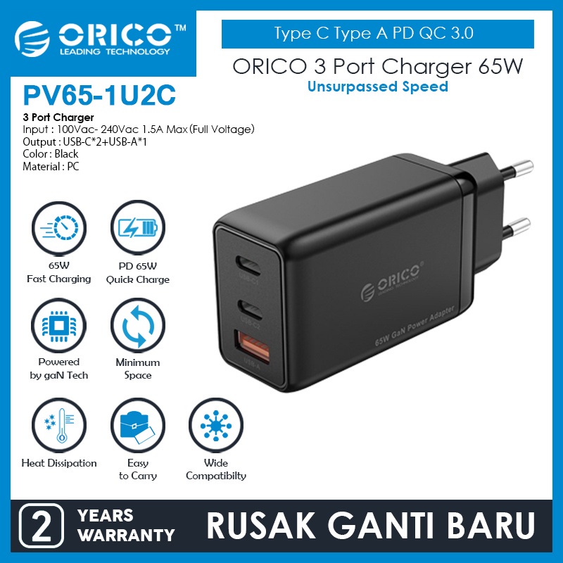 Jual ORICO 3 Port Charger 65W Type C Type A PD QC 3.0 - PV65-1U2C | Shopee Indonesia