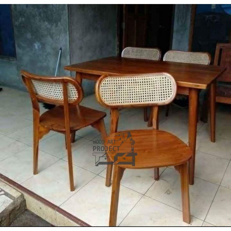 Jual MEJA MAKAN KURSI MIX ROTAN KAYU JATI | MEJA MAKAN RETRO MODERN Wood art | Shopee Indonesia