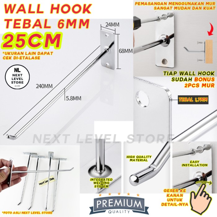 Jual Wall Hook 25 CM Tebal 6mm - FREE 2 MUR - 25cm Cantolan Display ...